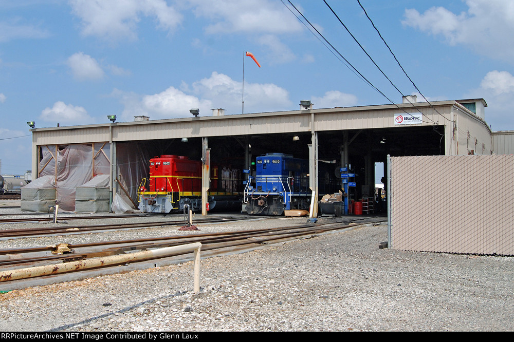 PTRA 9602 and 9610 sit in PTRA's Loco shop